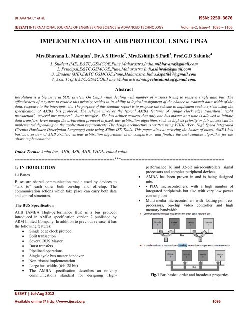 IMPLEMENTATION OF AHB PROTOCOL USING FPGA - IJESAT IMPLEMENTATION OF AHB PROTOCOL USING FPGA - IJESAT