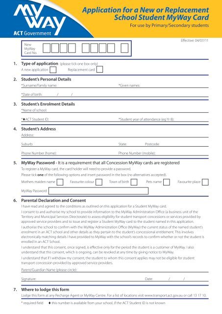 Application for a school student MyWay card - Transport for Canberra