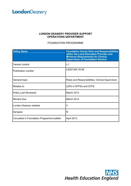 Foundation Doctor Role and Responsibilities ... - London Deanery