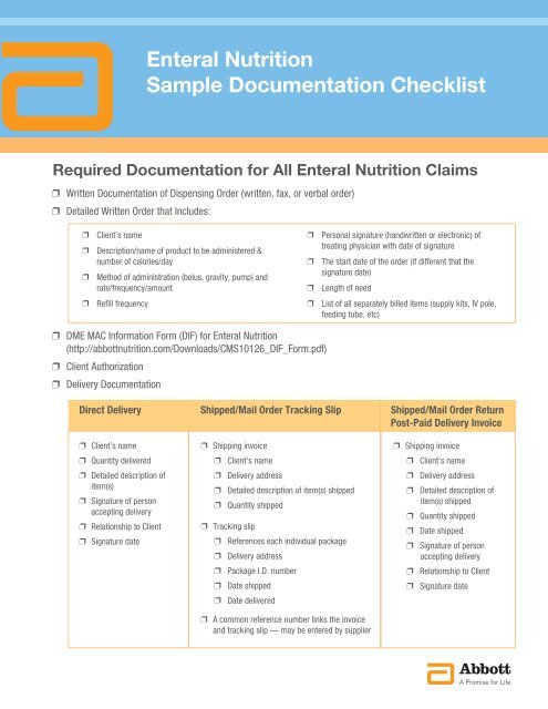 Enteral Nutrition Sample Documentation Checklist - Abbott Nutrition