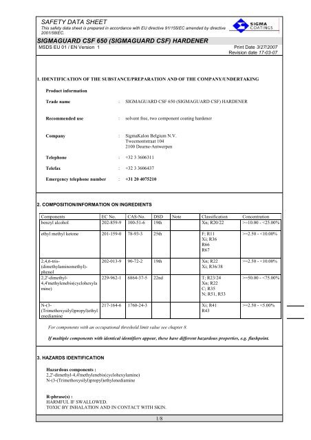 msds sigmaguard csf 650 hardener - SIGMA PAINTS