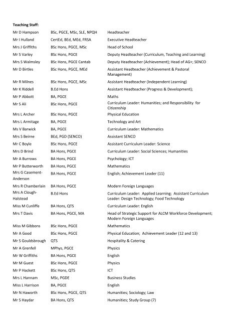 Full staff list - Alder Grange Community & Technology School