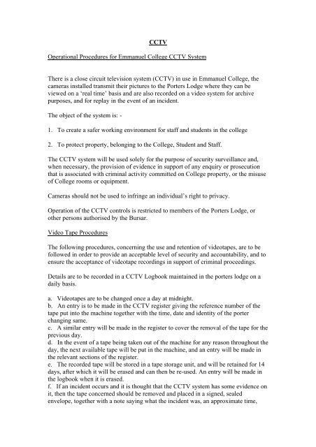 CCTV Operational Procedures for Emmanuel College CCTV System ...