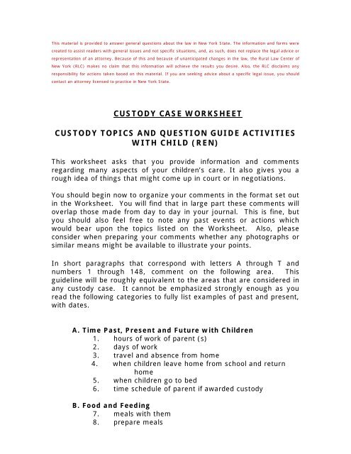 Co Parenting Worksheets Custody Case Worksheet Rural Law Center Of