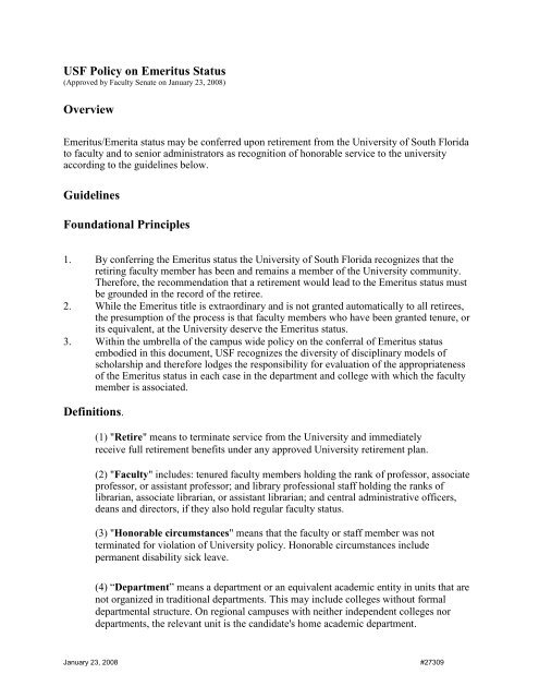 USF Policy on Emeritus Status - Office of the Provost and Executive ...