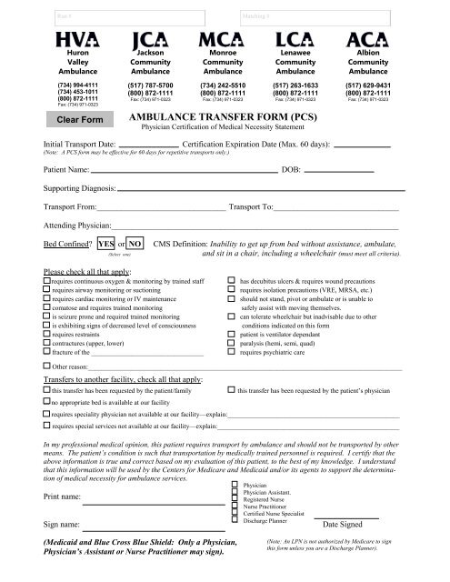 AMBULANCE TRANSFER FORM (PCS) - Huron Valley Ambulance