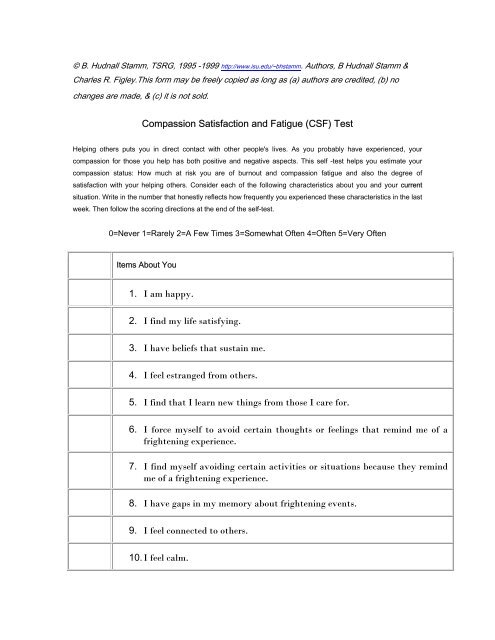 Compassion Satisfaction and Fatigue (CSF) Test 1. I am happy. 2. I ...