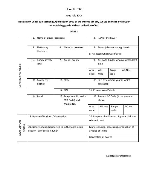 Form No. 27C (See rule 37C) Declaration under sub-section (1A) of ...