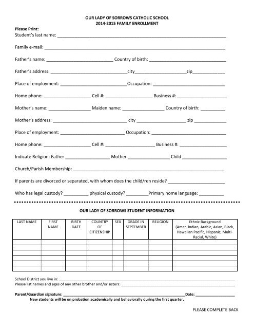 Family Enrollment Form - Our Lady of Sorrows