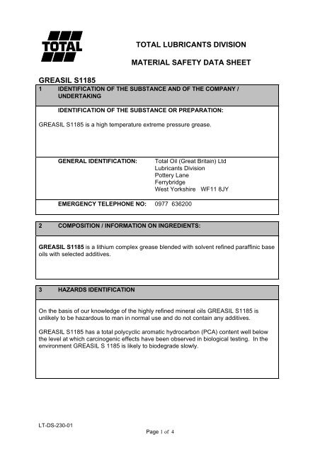 total lubricants division material safety data sheet greasil s1185