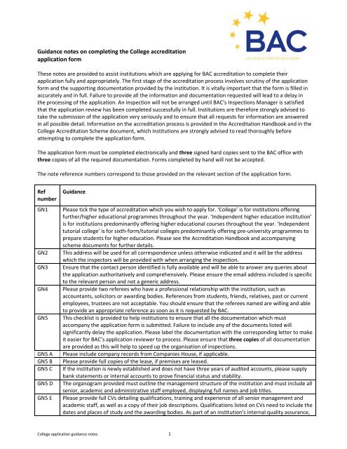 Guidance notes on completing the College accreditation ... - BAC