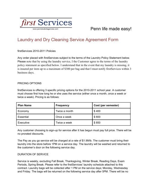Penn life made easy! Laundry and Dry Cleaning Service Agreement ...