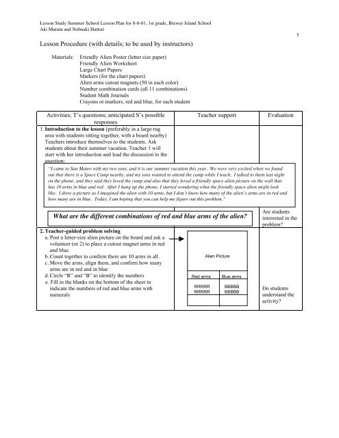 Detailed Lesson Procedure. - Lesson Study Group at Mills College