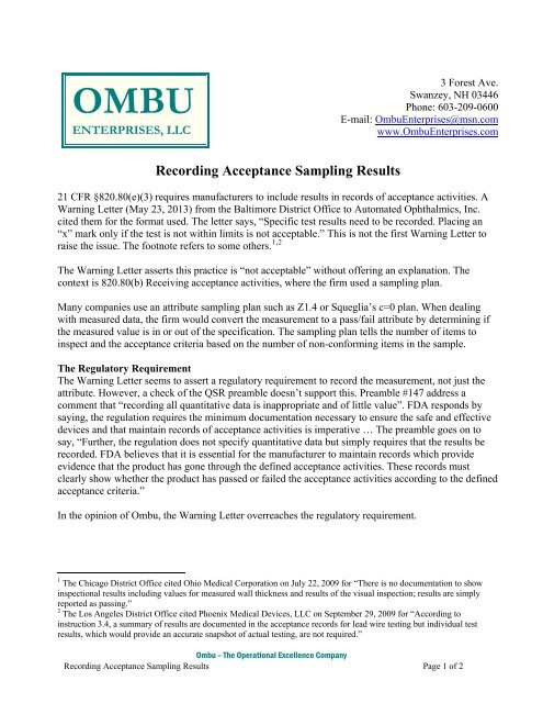 Recording Acceptance Sampling Results - Ombu Enterprises LLC