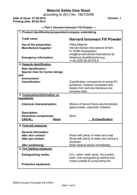 Material Safety Data Sheet Harvard Ionoresin Fill, powder