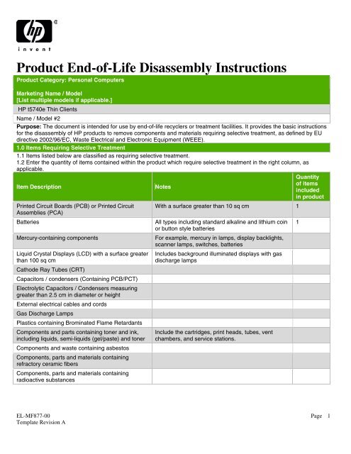 HP t5740e Thin Client Product End-of-Life Disassembly instructions