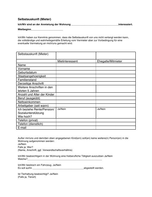 Selbstauskunft (Mieter) Selbstauskunft (Mieter ... - Just Living