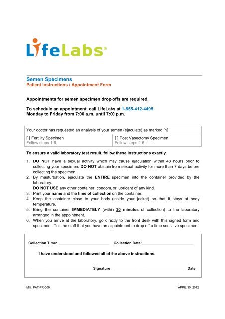 Semen Specimen Patient Instructions and Appointment Form - Lifelabs