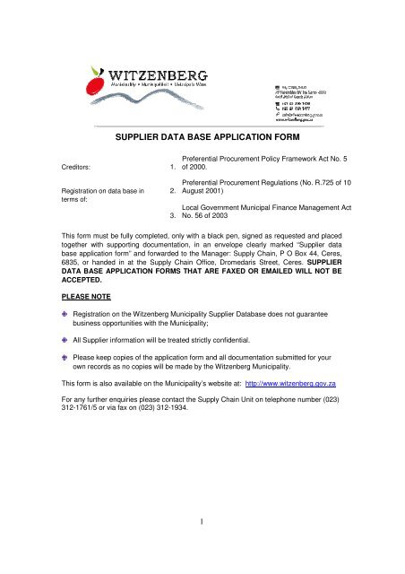 supplier data base application form - Witzenberg Municipality