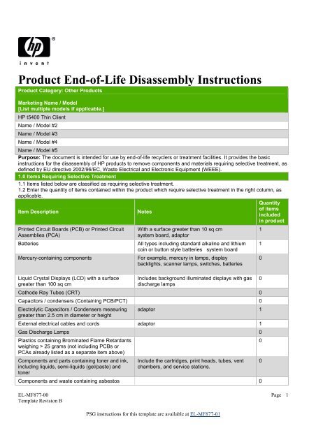 HP t5400 Thin Client Product End-of-Life Disassembly instructions