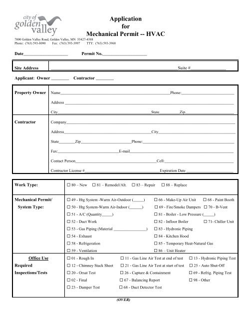 Application for Mechanical Permit -- HVAC - City of Golden Valley