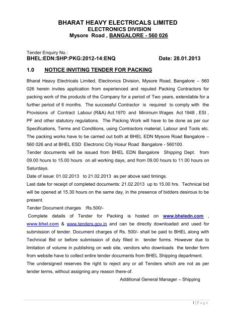 Un Priced Price Bid - Bharat Heavy Electricals Ltd.