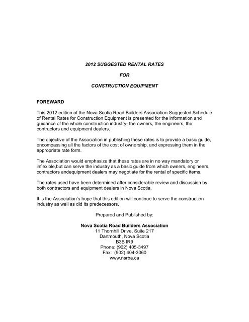 2012 suggested rental rates for construction equipment - nsrba