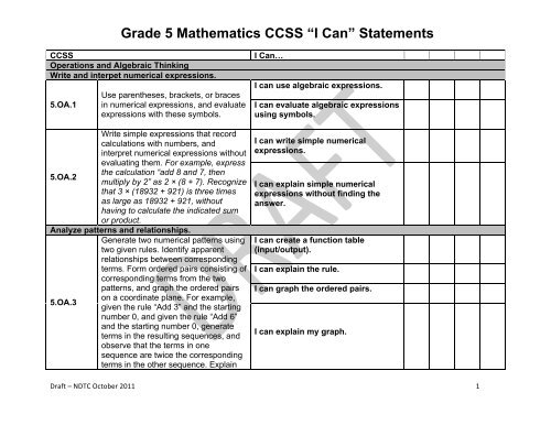 Grade 5 Mathematics CCSS “I Can” Statements - ND Curriculum ...