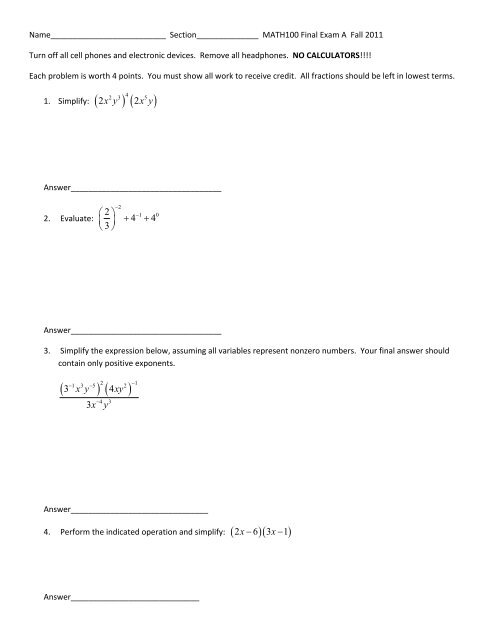 Math 100 Final Exam