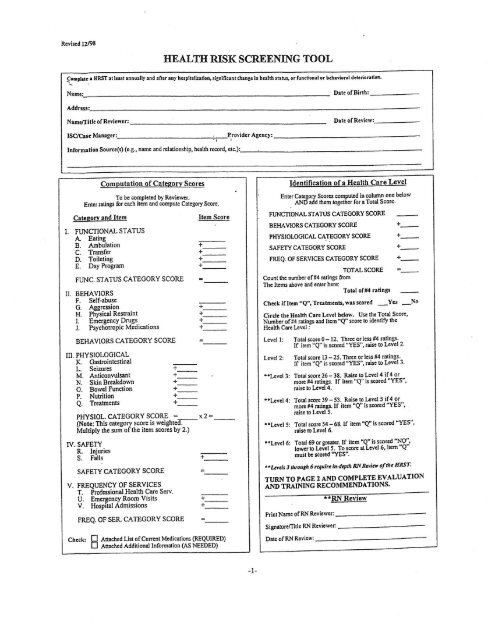 HEALTH RISK SCREENING TOOL