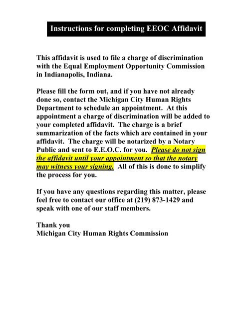 Instructions for completing EEOC Affidavit - Michigan City, Indiana