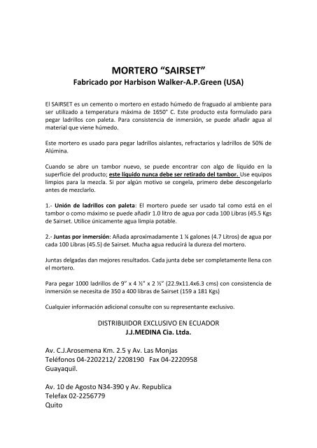 MORTERO “SAIRSET” - jjmedina.com.ec