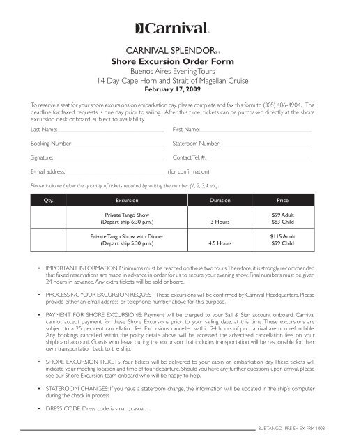Shore Excursion Order Form - Carnival Cruise Lines Shore Excursion Order Form - Carnival Cruise Lines