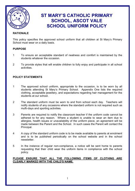 School Uniform Policy - Smascotvale.catholic.edu.au
