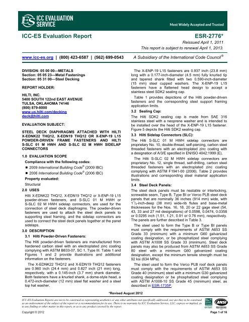 ESR-2776 - Hilti Inc. - ICC-ES