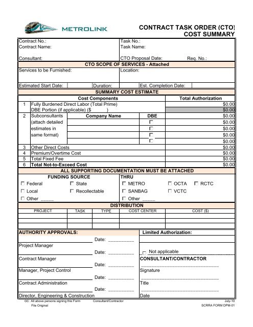 CONTRACT TASK ORDER (CTO) COST SUMMARY - Metrolink