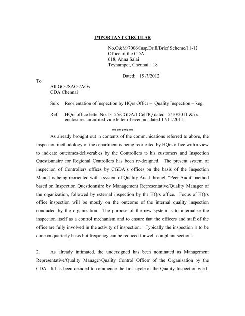 IMPORTANT CIRCULAR No.O&M/7006/Insp.Drill/Brief Scheme/11 ...