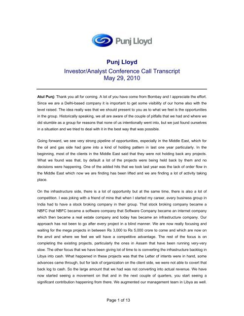 Punj Lloyd Q4 & FY10 Investor and Analyst Meet ... - Punj Lloyd Group