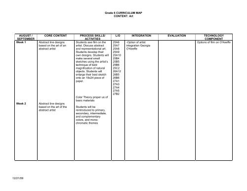 Grade 6 CURRICULUM MAP CONTENT: Art 12/21/09 AUGUST ...