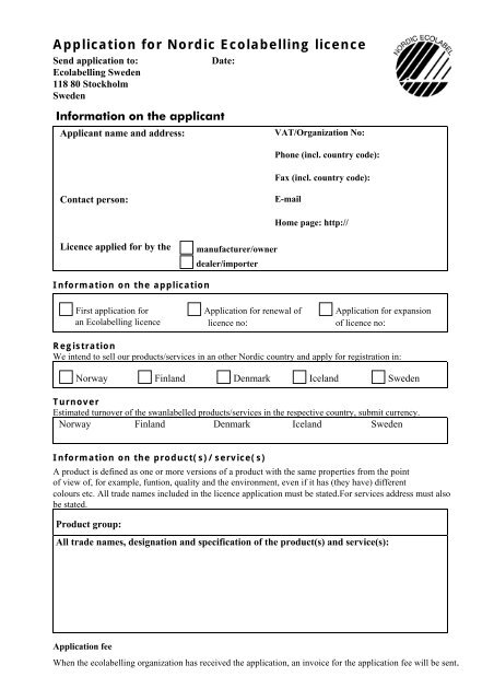 Application for Nordic Ecolabelling licence - Svanen
