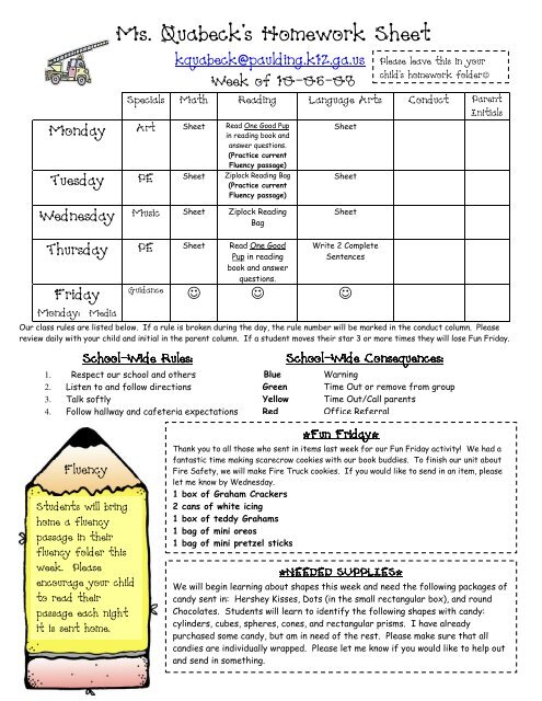 Ms. Quabeck's Homework Sheet