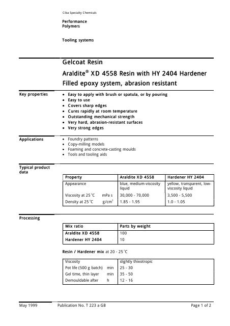 Gelcoat Resin Araldite XD 4558 Resin with HY 2404 Hardener ...