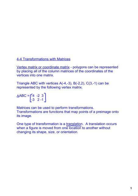 44 Transformations with Matrices Vertex matrix or coordinate matrix ...