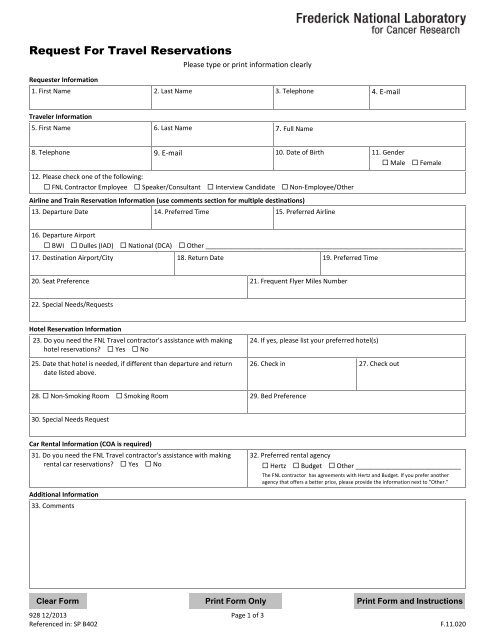 Request for Travel Reservations Form - NCI at Frederick
