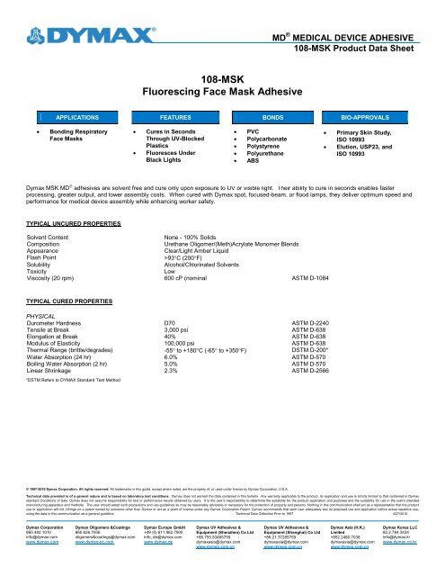 DYMAX 108-MSK Medical Device Adhesive Product Data Sheet