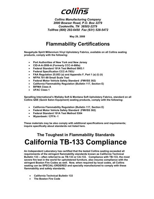 Flammability Certifications - Collins Manufacturing Company