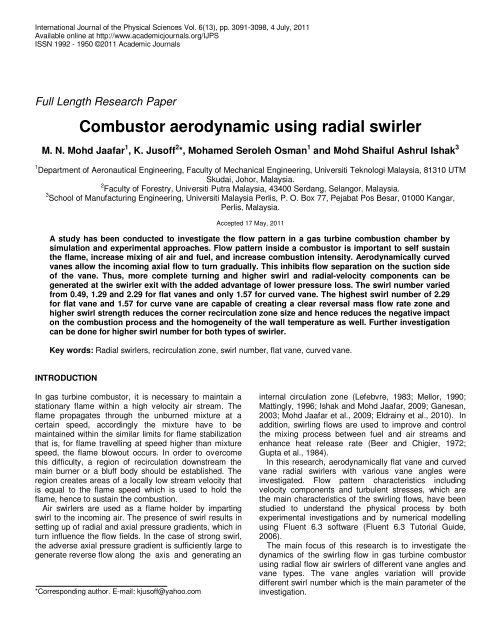 Combustor aerodynamic using radial swirler - Universiti Malaysia ...