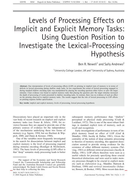 Levels of Processing Effects on Implicit and Explicit Memory Tasks ...