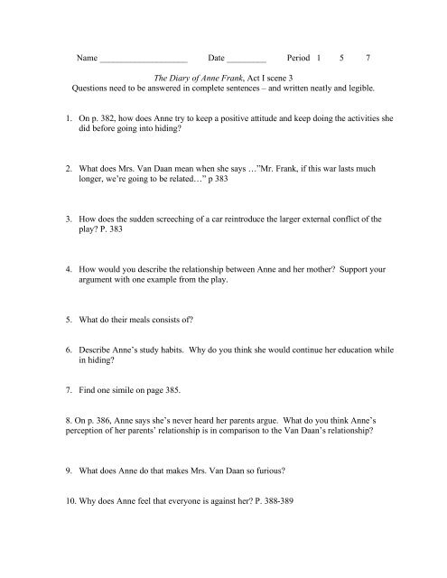 Act I scene 3 questions for Anne Frank