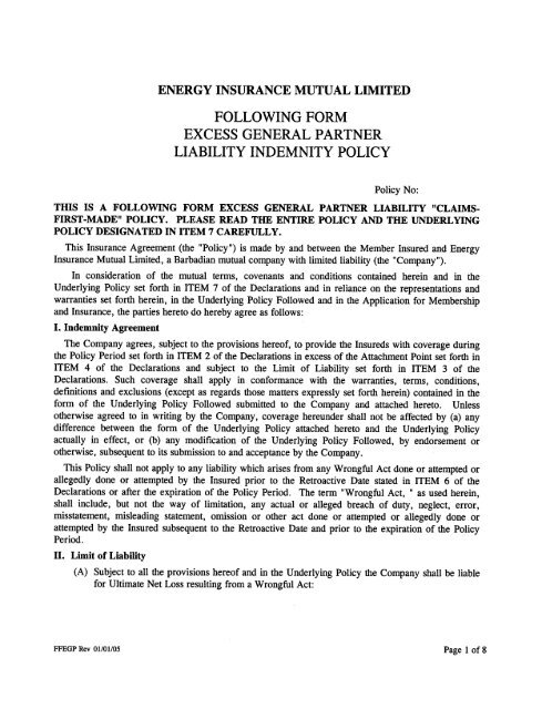following form excess general partner liability indemnity ... - Eimltd.com